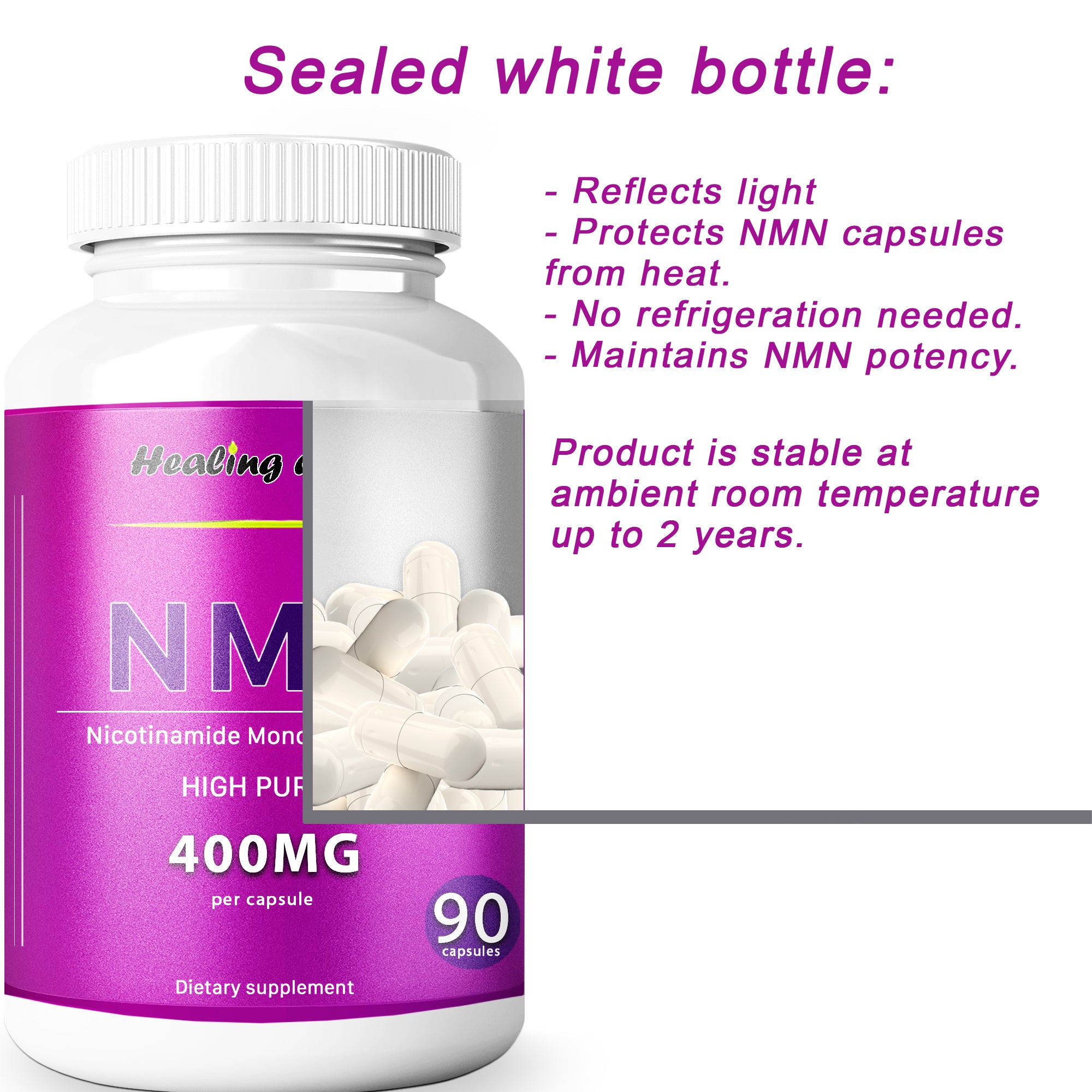 NMN Nicotinamide Mononucleotide Capsules 400mg – High Purity Stabilize – Healing Drops / California